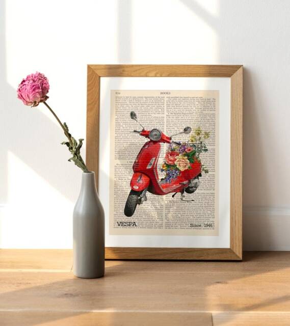 Vespa Print With Vintage Flowers, Red Artwork, Italian Scooter Print ...