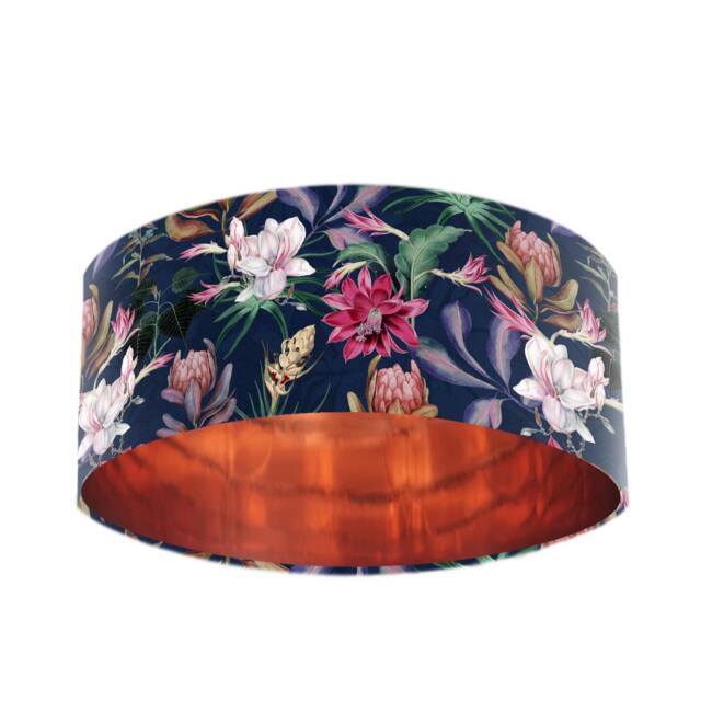 Navy Blue Velvet Lamp Shade With Luxury Blossoms & Copper Lining, Extra ...