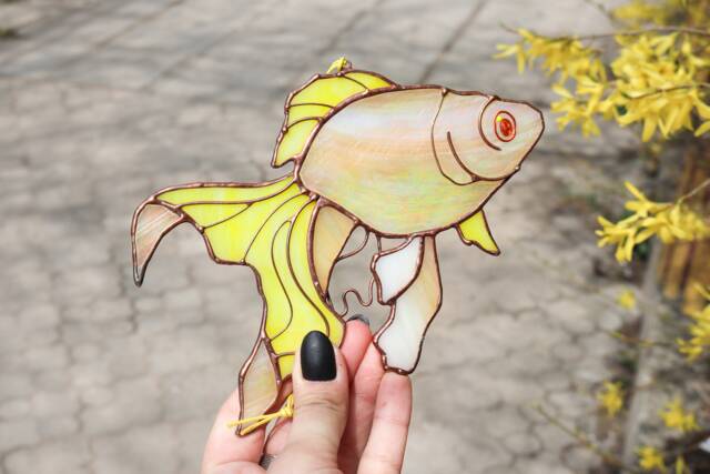 Goldfish Suncatcher Stained Glass Gold Fish Decor Home House Window ...