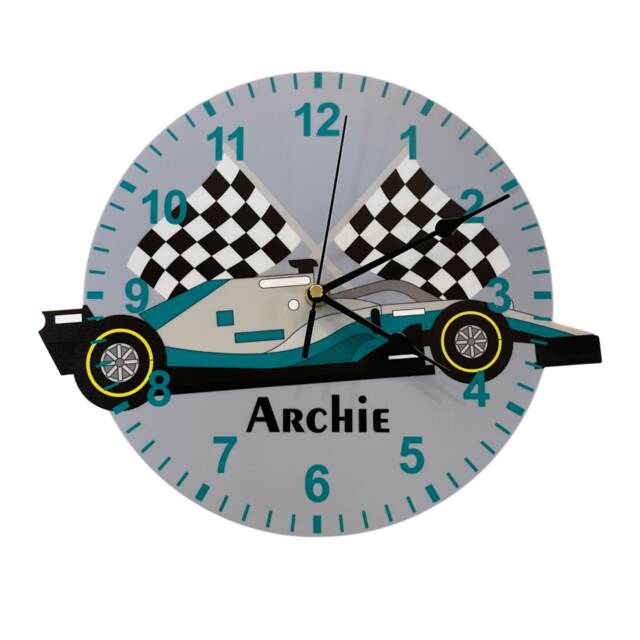 Grey & Green F1 Race Car Shaped Kids Clock - Personalised With Any Name ...
