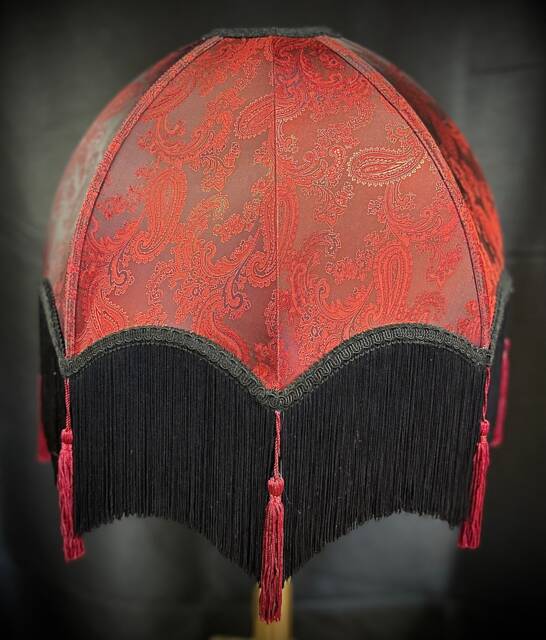 Paisley Ruby Red & Black Tasselled Parachute Dome Fabric Lampshade For ...