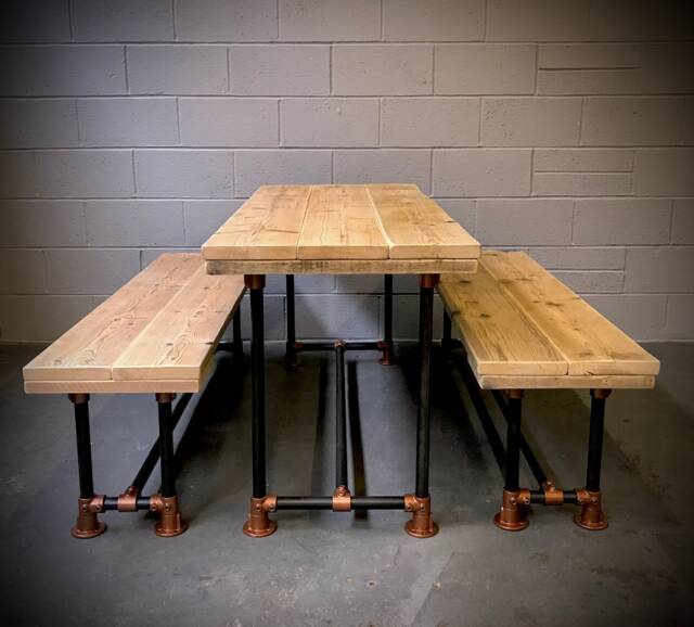 Industrial Reclaimed Scaffold Board Dining Table Steel Legs & 2 Benches ...