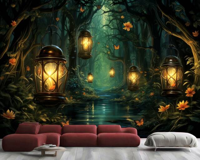 Firefly Lanterns Wallpaper Mural, Enchanted Forest Wall Decal, Peel ...
