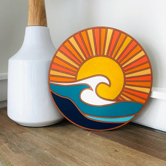 Wave Round Wall Art Sun & Waves Wood Art, Rays Beach Sign, California ...