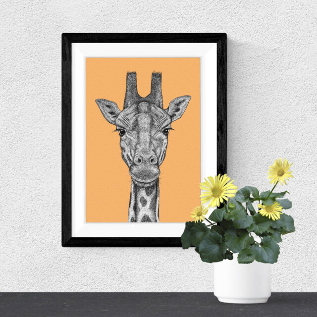 Giraffe A4 Art Print With Orange Background // Giraffe Pen Drawing ...