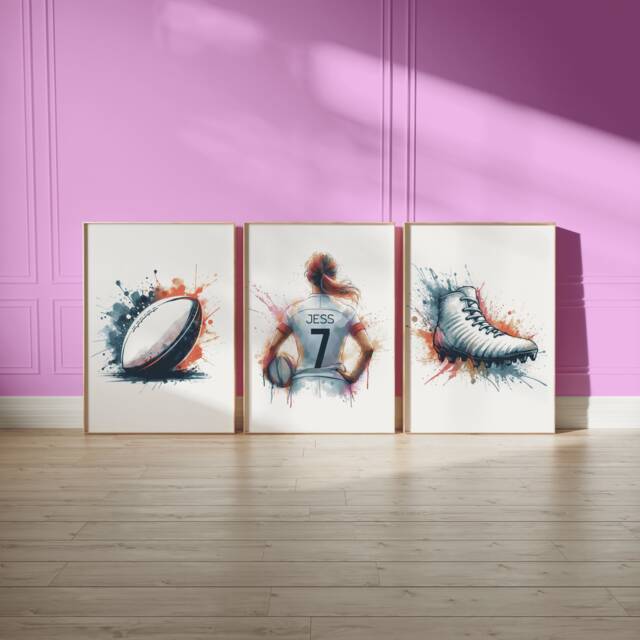 Girls Rugby Prints - Set Of 3 Posters - Personalised Kids Bedroom Decor ...