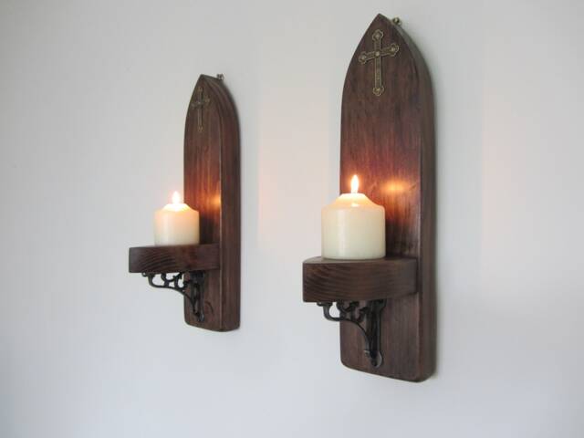 Pair Of Gothic/Church Style Plank Wood Wall Sconce's Candle Holders ...