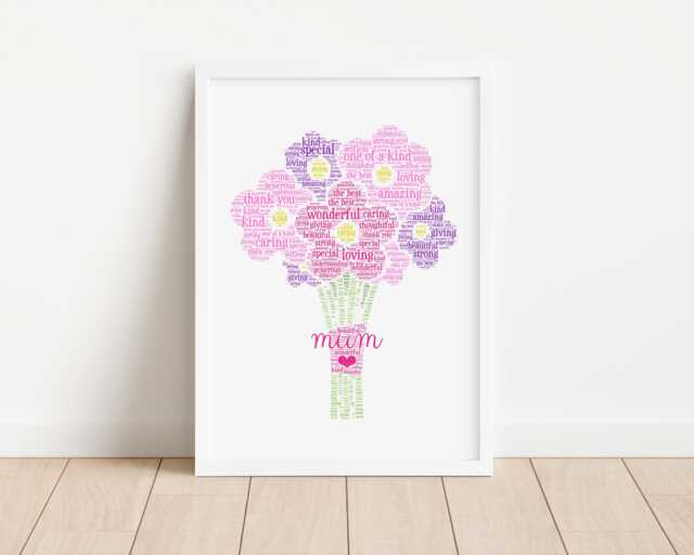 Personalised Bouquet Print - Flower Word Wall Art Birthday, Thank You ...