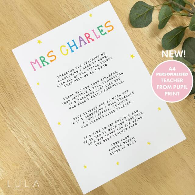 Personalised Teacher A4 Unframed Print, School Leavers Gift, Gift For ...