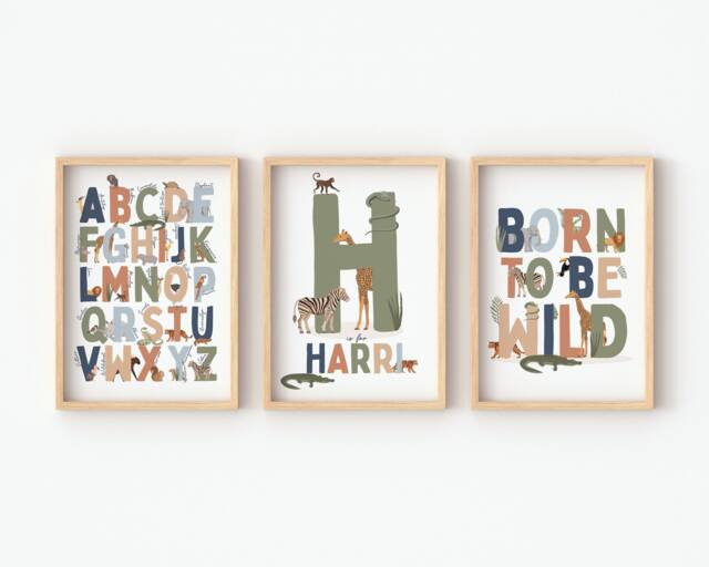 Set Of 3, Animal Alphabet, Safari Nursery Prints, Born Wild, Animals ...