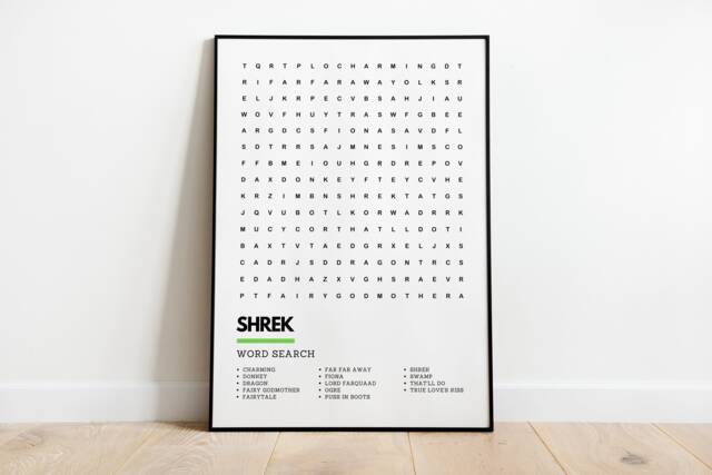 Shrek Poster Classic Movie Wordsearch Art Print A4 A3 - Fiona Charming ...