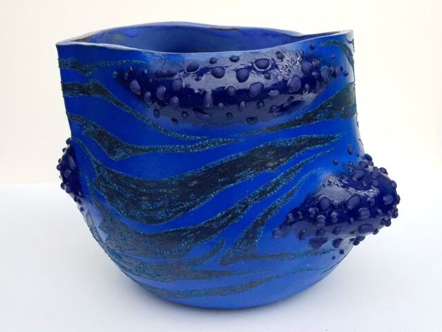 Large Blue Animal Print Ceramic Planter, Biomorphic Cobalt Sculpture ...