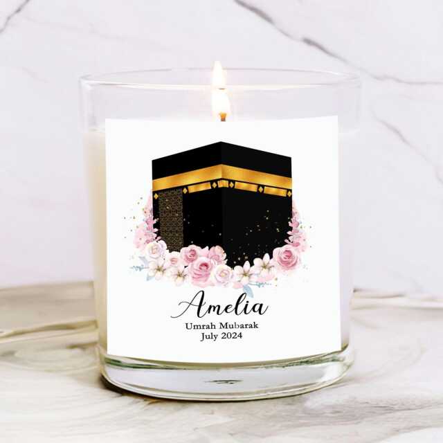Umrah Mubarak Candle, Personalised Gifts, Islamic Floral Pink Kaaba ...