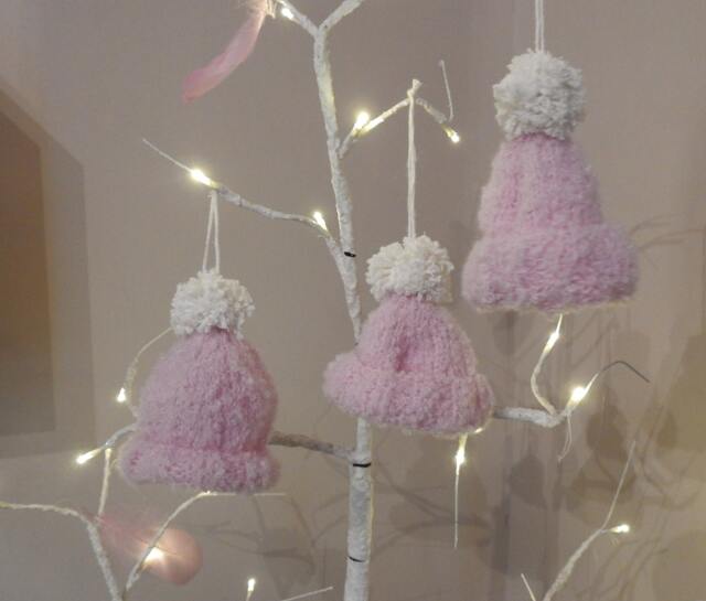 A Trio Of Pink Boucle Hand Knitted Mini Christmas Bobble Hats Tree ...