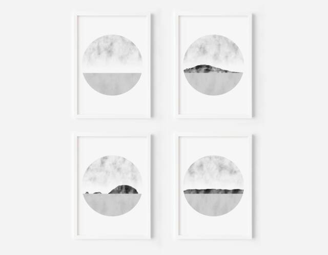Geometric Mountain Art Print, Scandinavian Set Of 4, Grey & White Wall ...