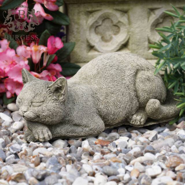 Napping Cat Stone Statue - Outdoor Garden Ornament Kitten Decoration ...
