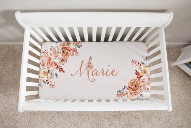 Rust Floral Personalized Crib Sheet, Floral Custom Baby Bedding Girl ...