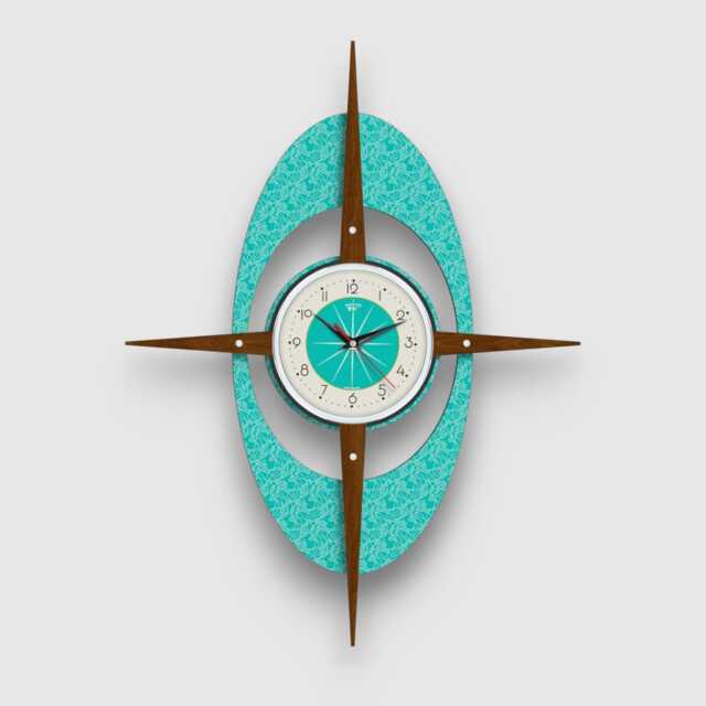Large Mid Century Starburst Clock Turquoise Gambit Face, Teak Wood Rays ...