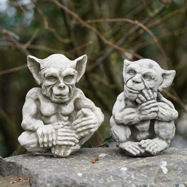 Pair Of Sprite Gremlin Stone Statues - Gargoyle Outdoor Garden Ornament ...