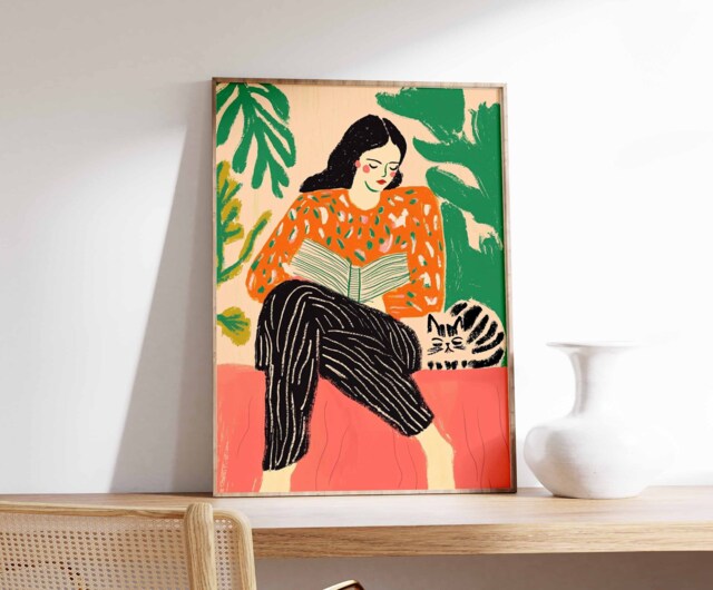 Book Art, Cat Poster, Reading Retro Woman Print, Library Vintage Lovers ...