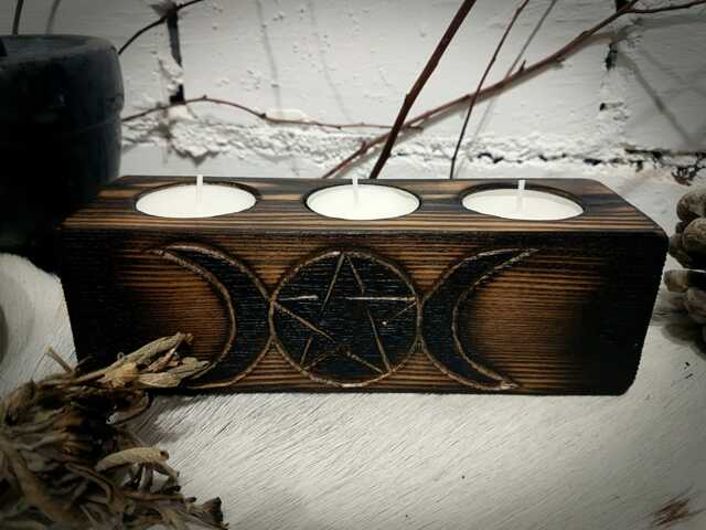Triple Moon Goddess Tea Light Holder Hewn & Hand Carved From Aged Solid ...