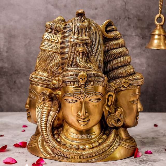Brass Three Face Lord Shiva Behind Parvati Statue 11 Inches - Hindu God ...