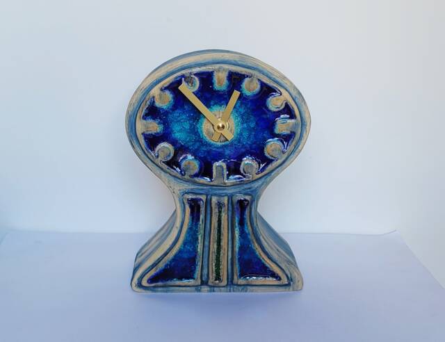 Hand Made Free Standing Blue Ceramic Mantle Clock With Inlaid & Green ...