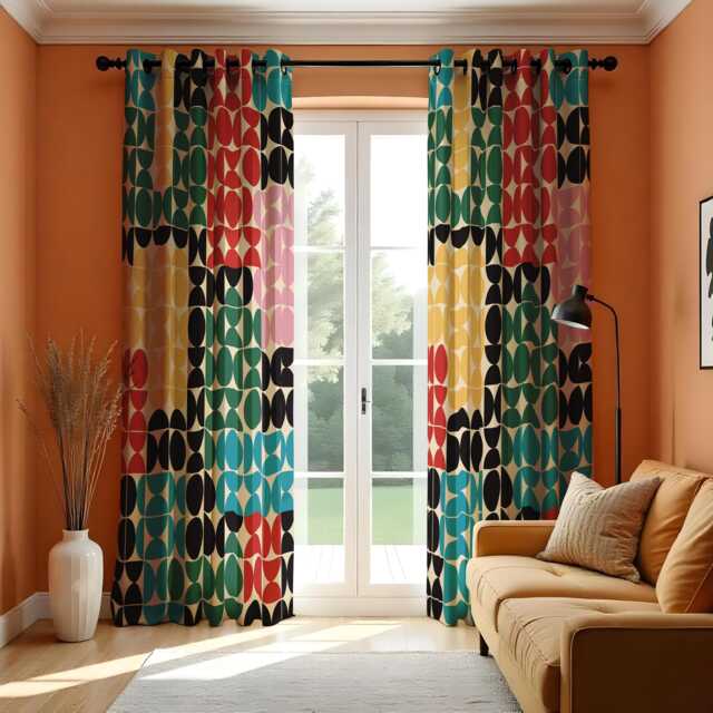 Colorful Geometric Circle Pattern Curtain, Bold Retro Abstract Drape ...