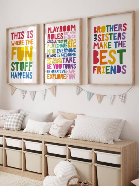 Set Of 3 Playroom Prints, Brother Sister Make The Best Friends, Rules ...