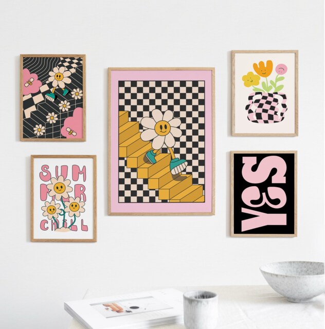 Checkerboard Daisy Print Set, Gallery Wall A3, A4, Colourful Art ...