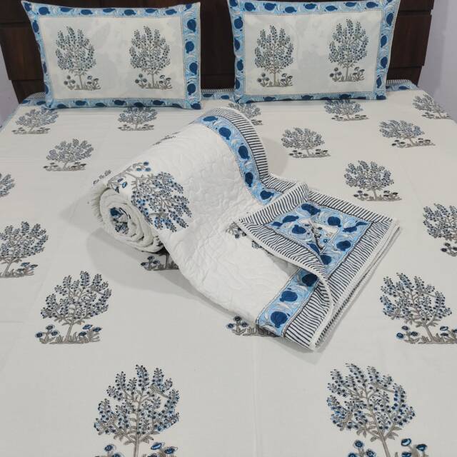 Hand Block Print Cotton Quilt Set Reversible Bedding With Pillow Covers ...