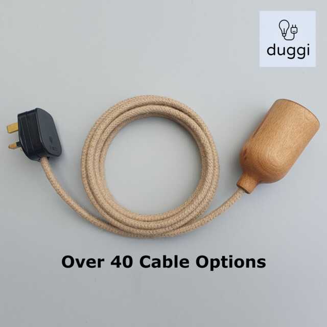 Wooden Plug in Pendant Light - Fabric Cable, Oak Style Wood Lamp Holder ...