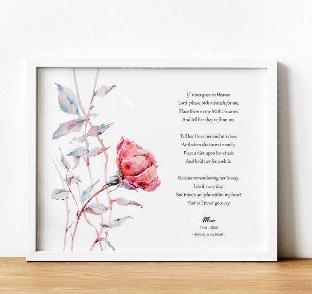 Custom Poem Print Bereavement Gift, Personalised Pink Rose Wall Art ...