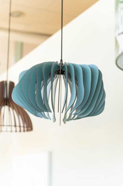 Modern Elegance - Mid-Century Inspired Misty Blue Wooden Pendant Light ...