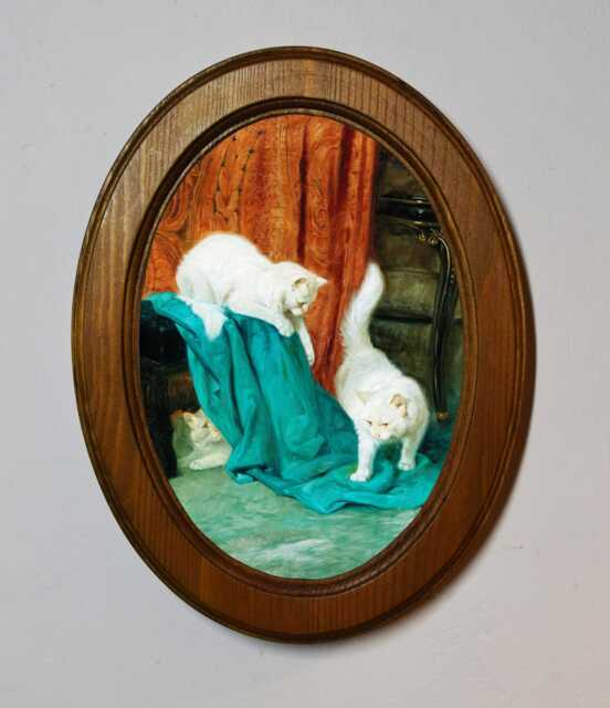 Light Oak Oval Wooden Framed Picture, Arthur Heyer, Cats Playing, Art ...