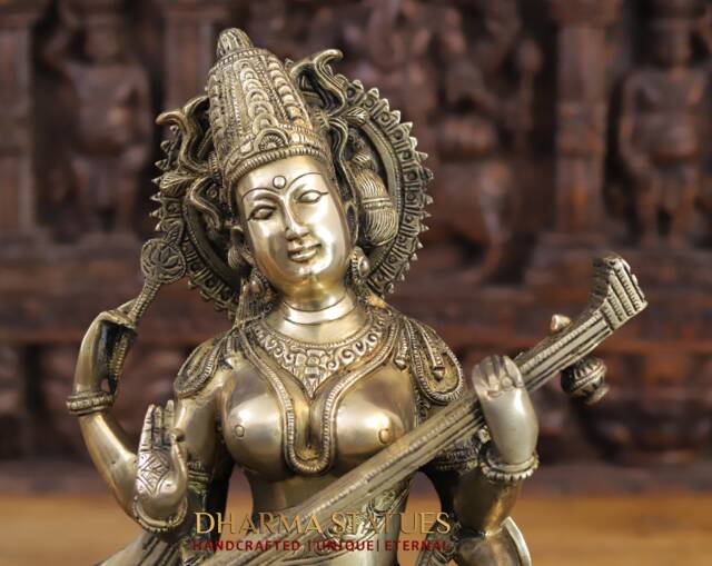 Brass Radiant Humsiha - Goddess Of Fortune Maa Saraswati Playing Veena Adorning On A Lotus ...