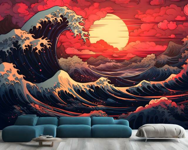 Ocean Landscape Illustration Sunset Gift, Art Print Photomural ...