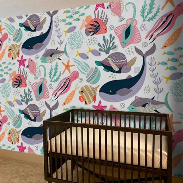 Boho Nursery Ocean Sealife Wall Mural Decal, Whale Fish Turtle Decals ...