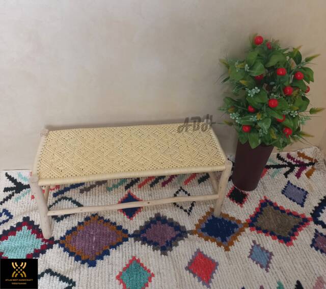 Moroccan Wooden Bench, Handmade Woven Bench Made Of Macrame , Wood ...