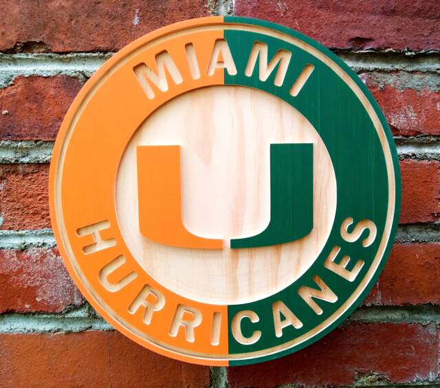 Miami Hurricanes U Logo Round Hybrid Painted & Natural Grain Wood Wall ...