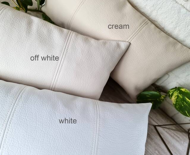 Cunda White-Off White-Cream Color Faux Leather Pillow Cover-3 Piece ...