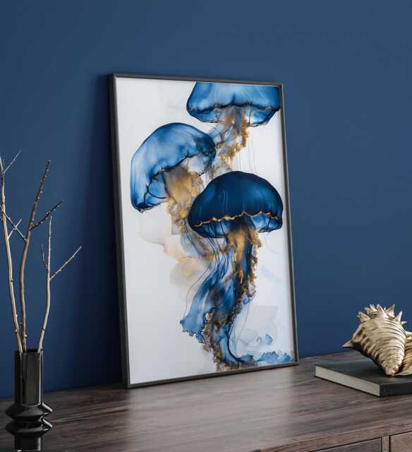 Abstract Jellyfish Art Print in Blue & Gold - Underwater Wall Decor ...
