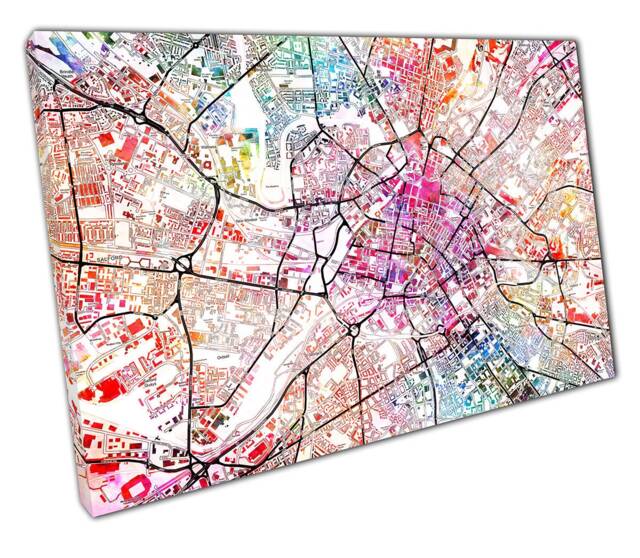 Central Manchester Street Map Watercolour Art Print Ready To Hang Wall ...