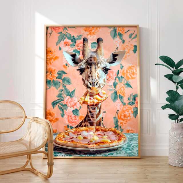 Giraffe Eating Pizza Kitchen Print, Maximalist Style, Dopamine Decor ...