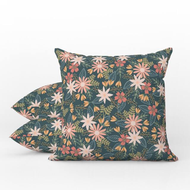 Outdoor Pillows - Weatherproof Garden Cushions Flower Power Retro Floral Pattern Dark Green ...