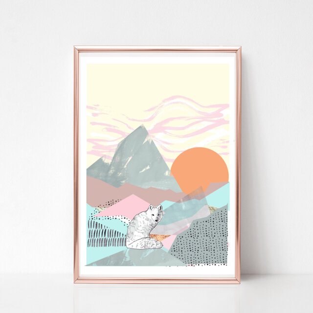Sunset Snow Fox Giclee Print Pastel Mountain Landscape With Gold Leaf ...