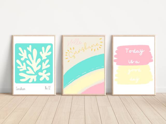 Set Of 3 Bright Teen & Tween Prints. Pink, Yellow Aqua Pastel Rainbow ...