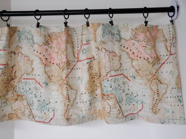 Valance Maps in Muted Tones Coral Teal Window Treatment Cotton Fabric ...