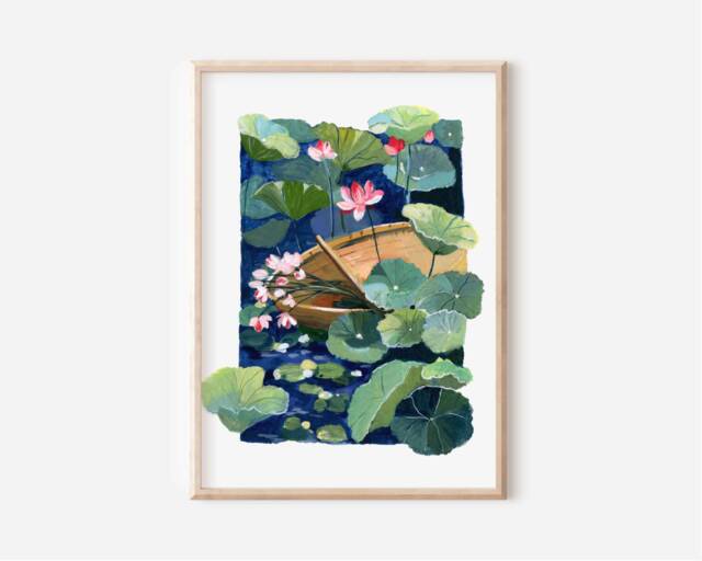 The Flower Boat - Zen Series No.4 - Impressive Gouache Painting - Lotus ...