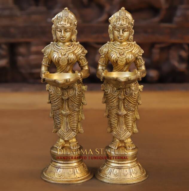 Brass Enchanting Apsara Devi Holding Oil Lamps - Diyas - Made in Varanasi, India Only At Dharma ...